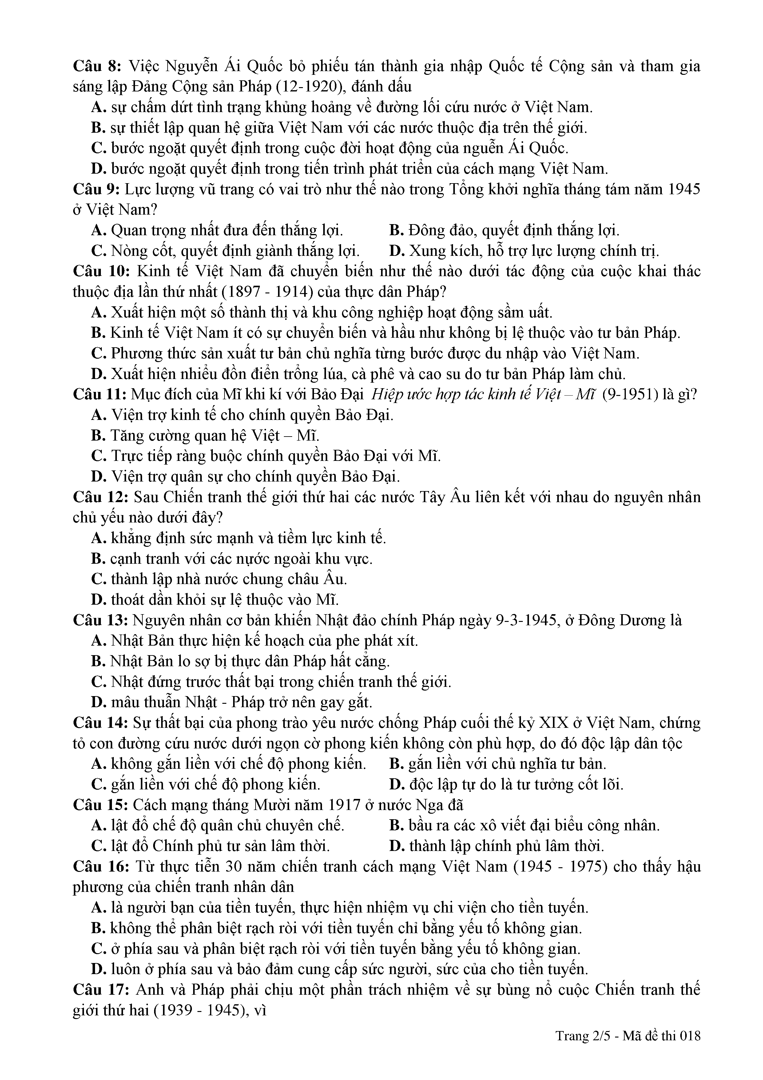 Đề thi thử THPT năm 2018 môn Lịch sử Tỉnh Điện Biên mã 018 - HOCMAI